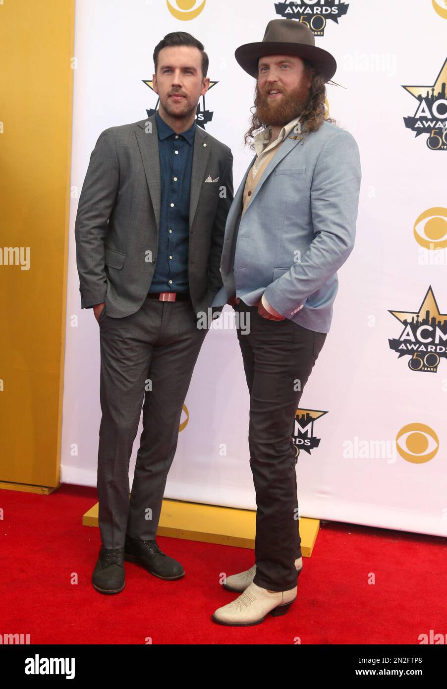 TJ Osborne, left, and John Osborne, of Brothers Osborne, arrive at the ...
