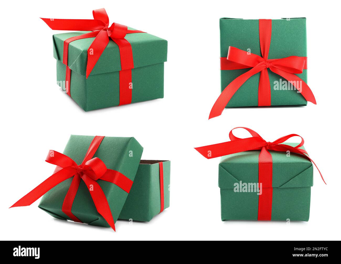 Collage with Christmas gift box on white background, views from ...