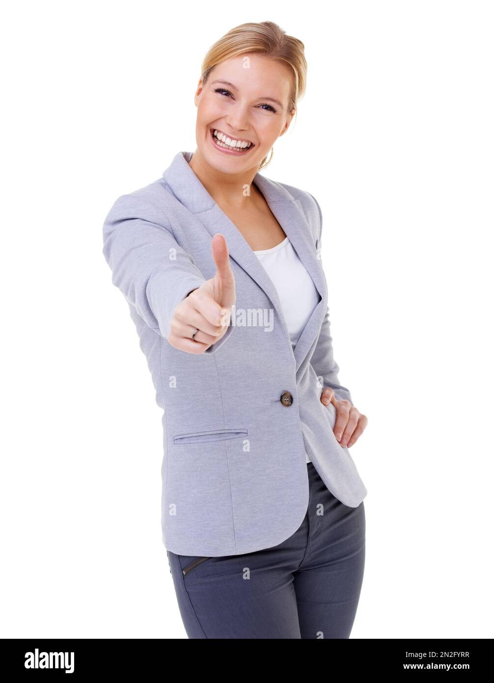 Good for you. Three quarter length shot of a pretty blonde giving a ...