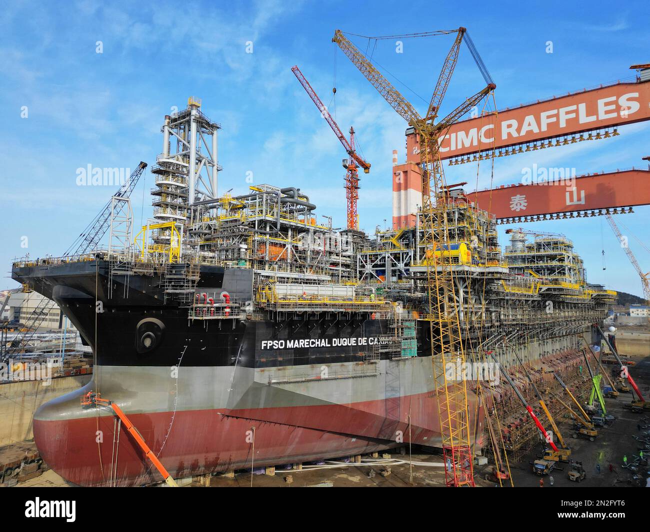 YANTAI, CHINA - FEBRUARY 7, 2023 - A large floating production, storage and unloading tanker is ...