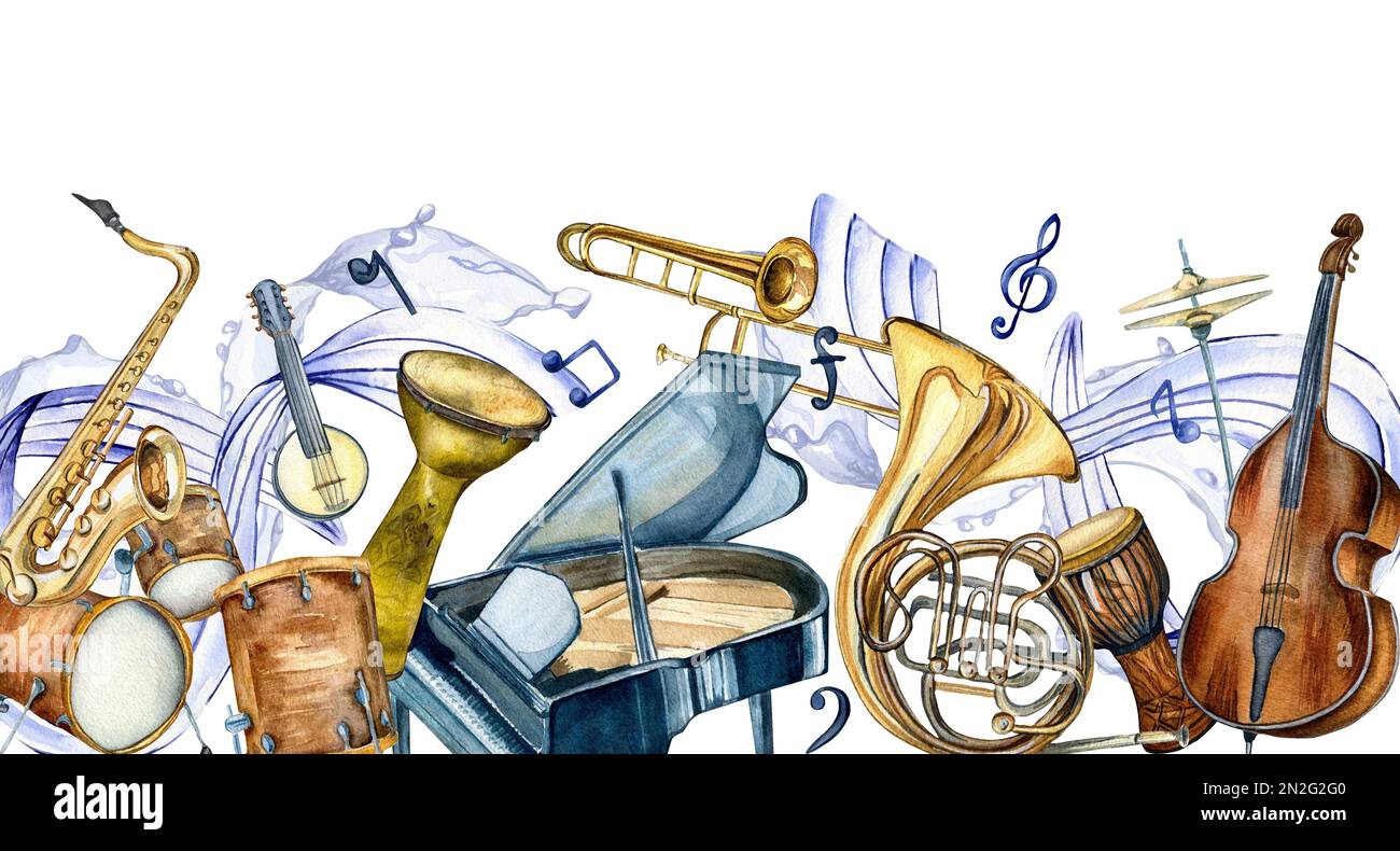 Board of jazz musical instruments and note wave watercolor illustration ...