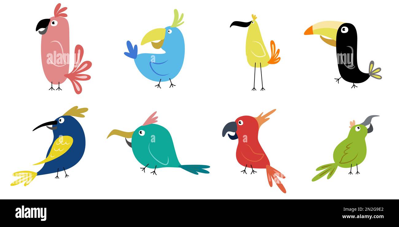 Funny cartoon birds. Collection of illustration parrots Stock Vector ...