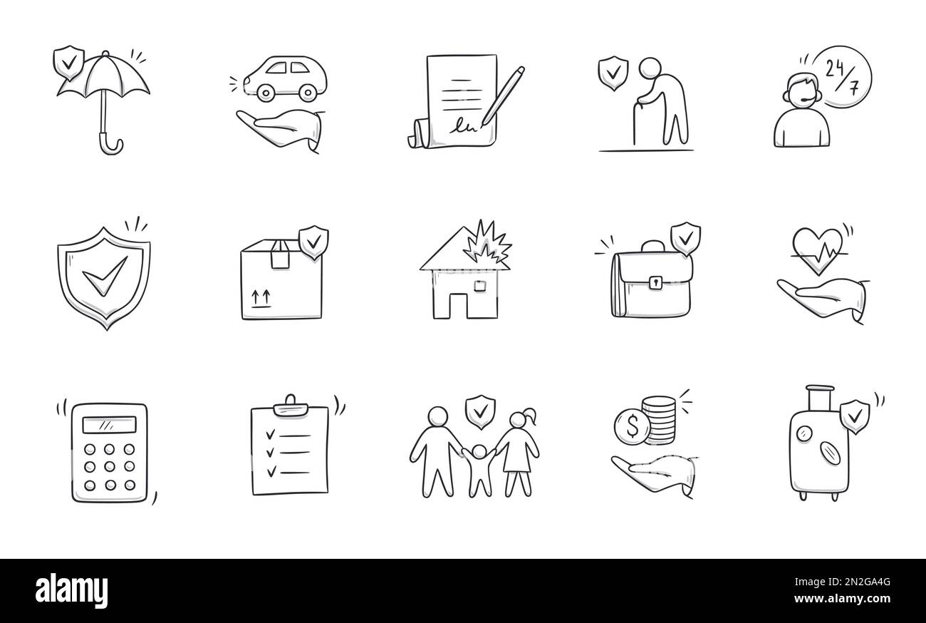 Insurance doodle icon set. Hand drawn sketch life shield, insurance ...