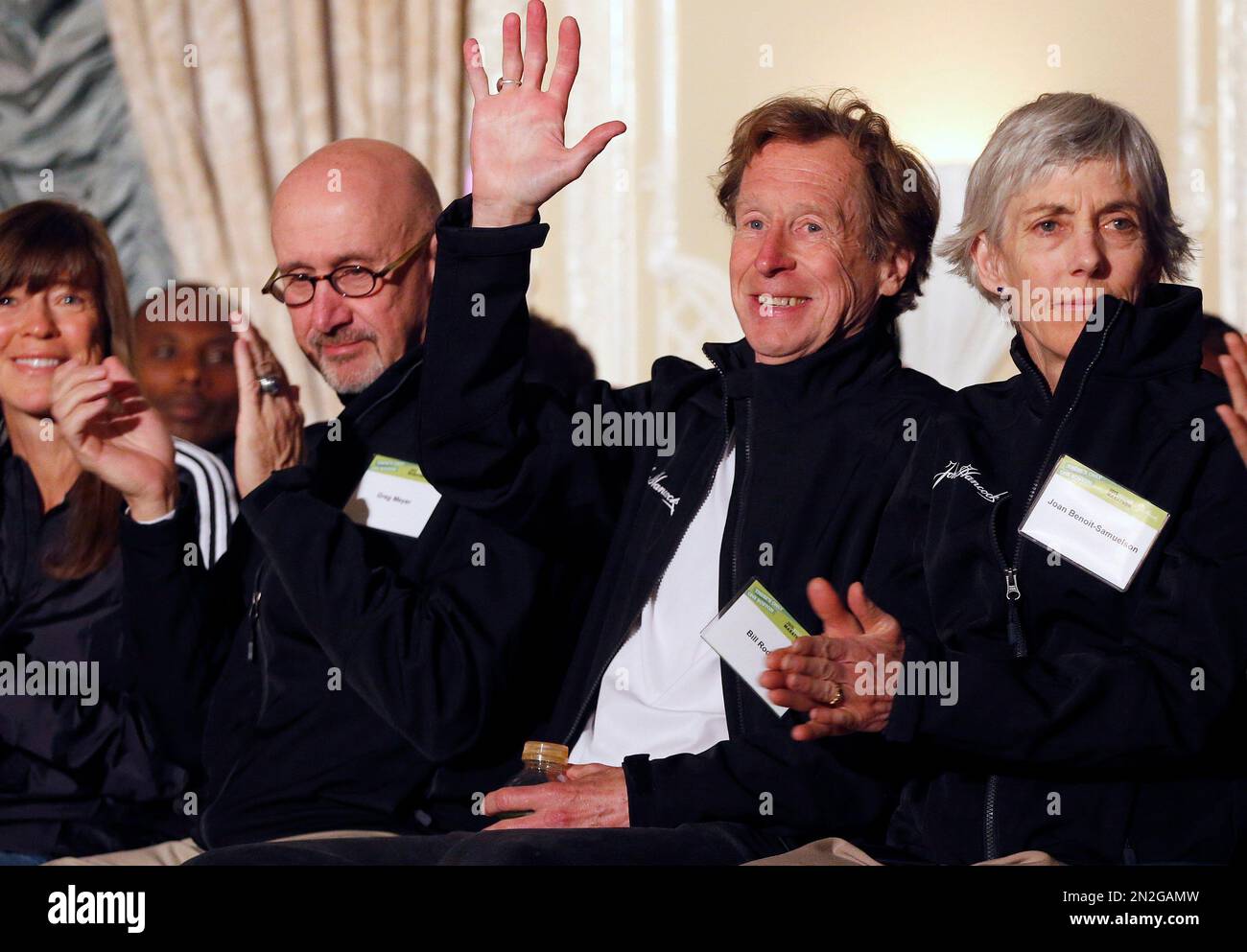 Veteran marathoners, from left, Uta Pippig, Greg Meyer, Bill Rodgers ...