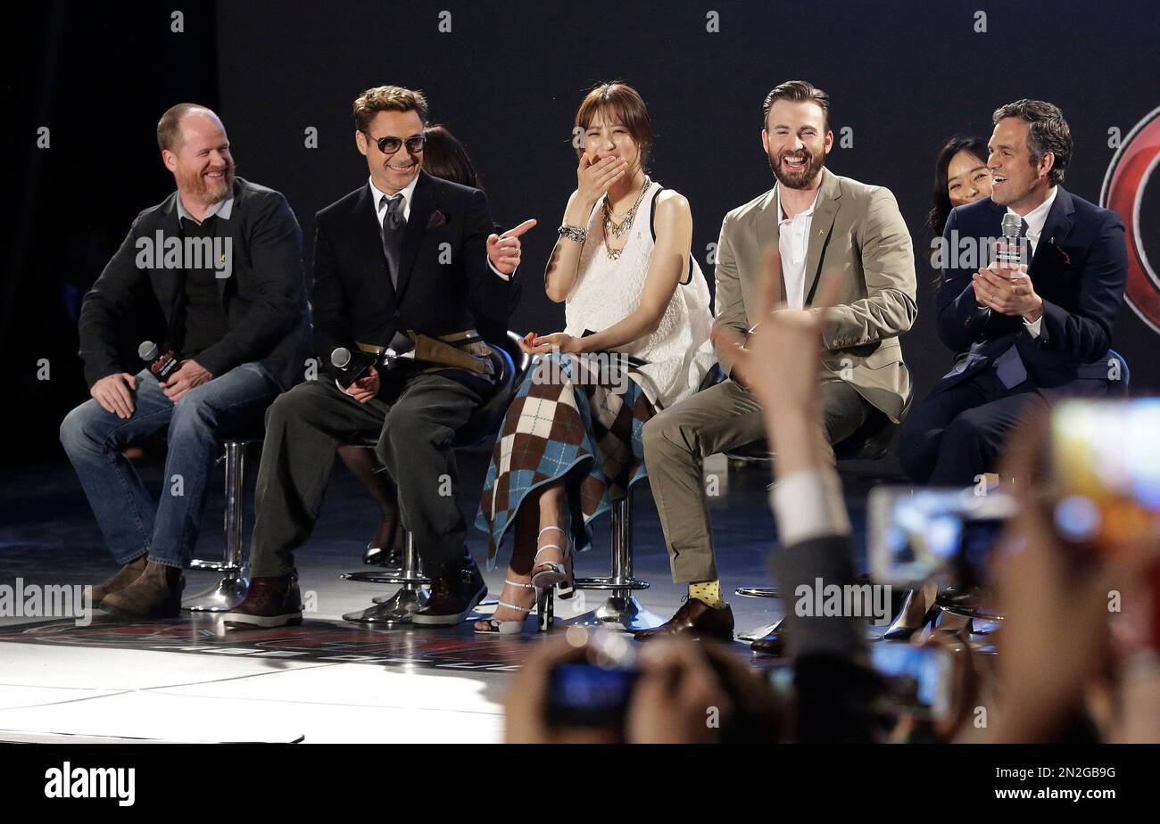 From left, US director Joss Whedon, US actor Robert Downey Jr, South ...
