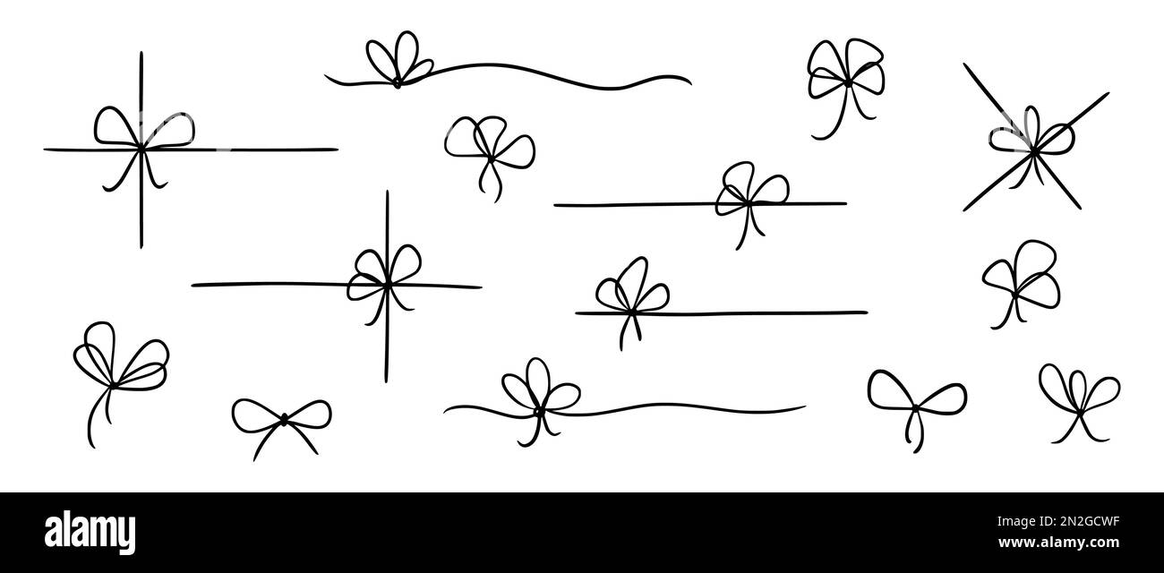 Bow gift ribbon line simple element set. Hand drawn doodle stroke ...