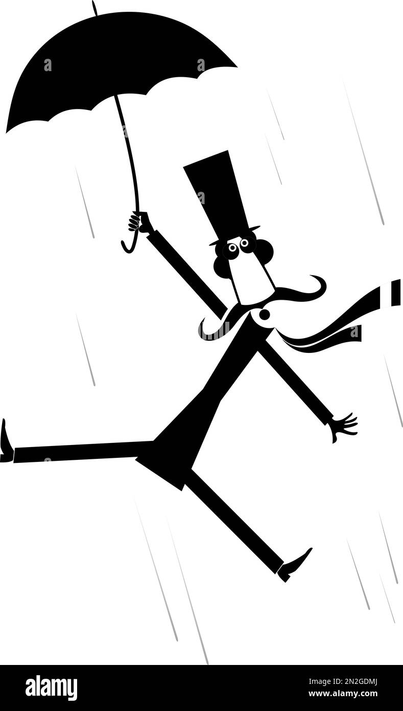 Cartoon man, umbrella and windy day isolated. Funny long mustache man ...