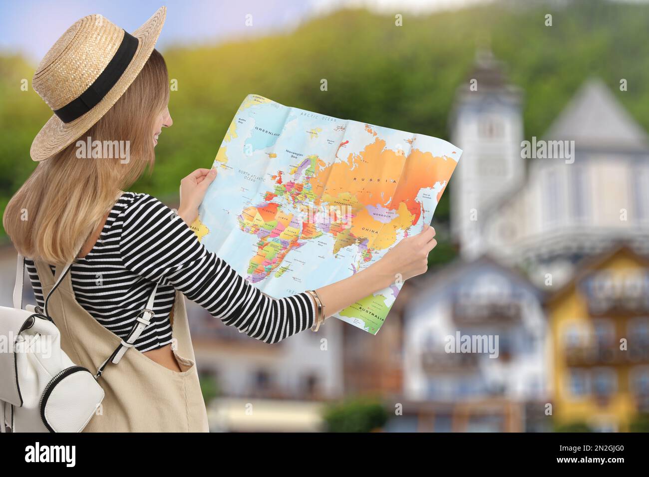 Happy traveler with map in foreign city. Summer vacation trip Stock ...