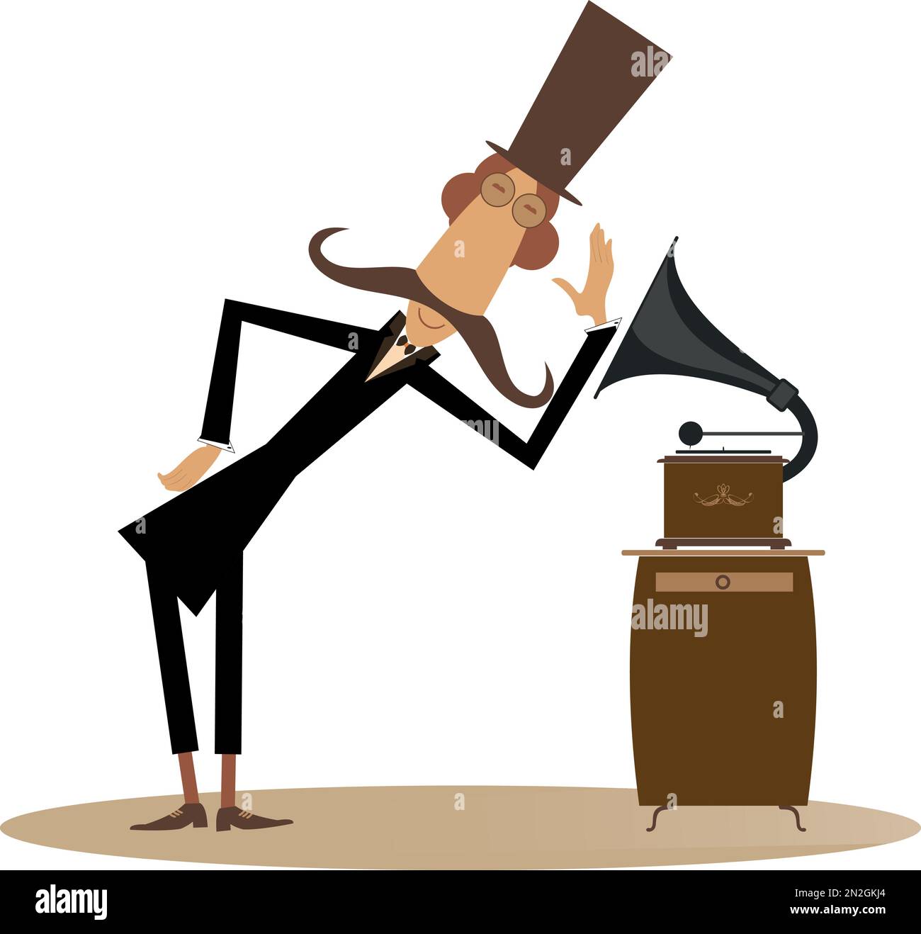 Man and retro record player illustration. Funny mustache man in the top ...