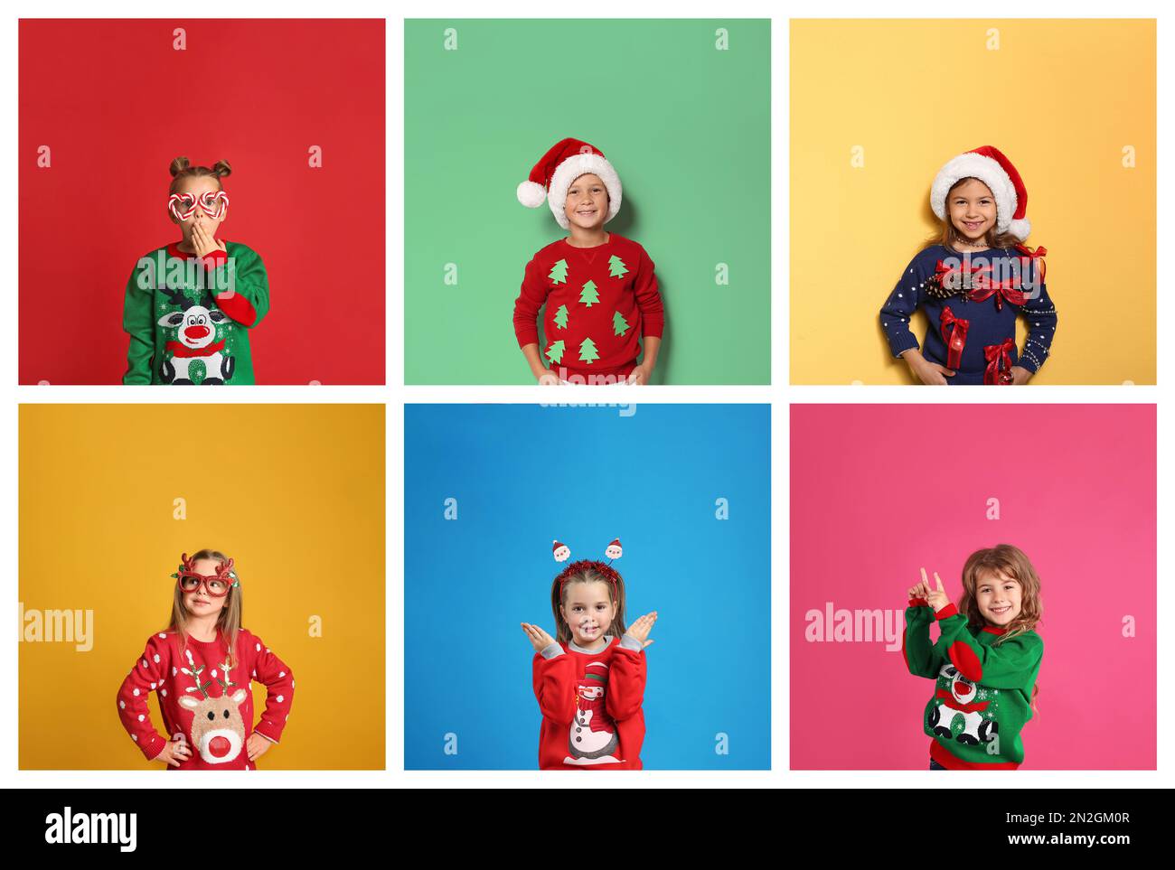 Collage with photos of cute children in different Christmas sweaters on ...