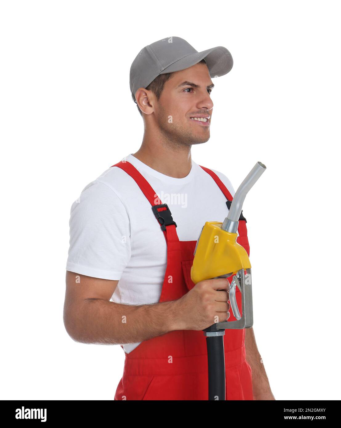 Gas station worker with fuel nozzle on white background Stock Photo - Alamy