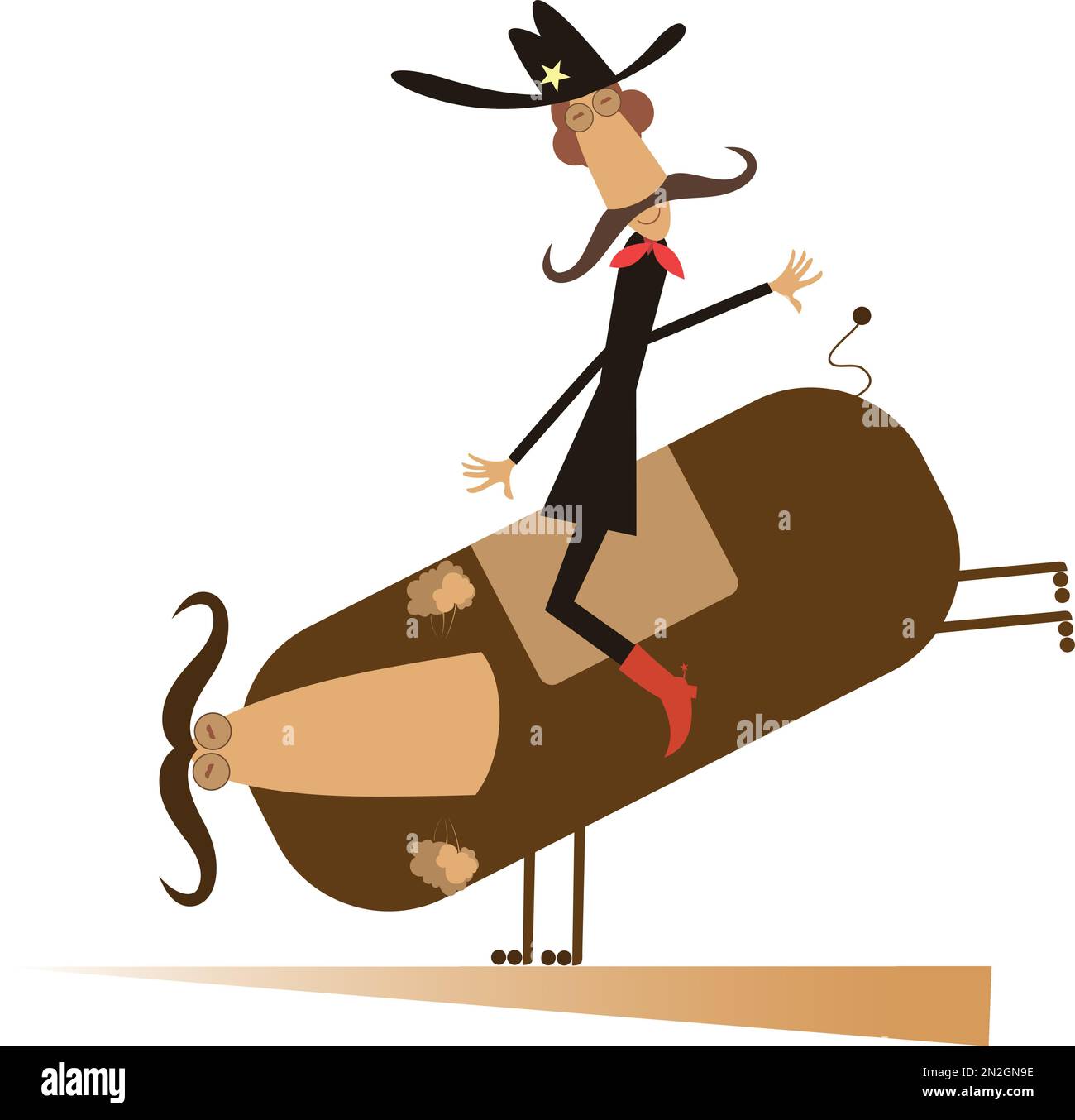 Rodeo, man and bull isolated. Man or cowboy with long mustache is ...