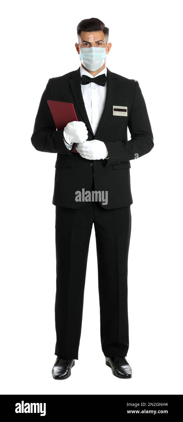 Waiter in medical face mask with menu on white background Stock Photo ...