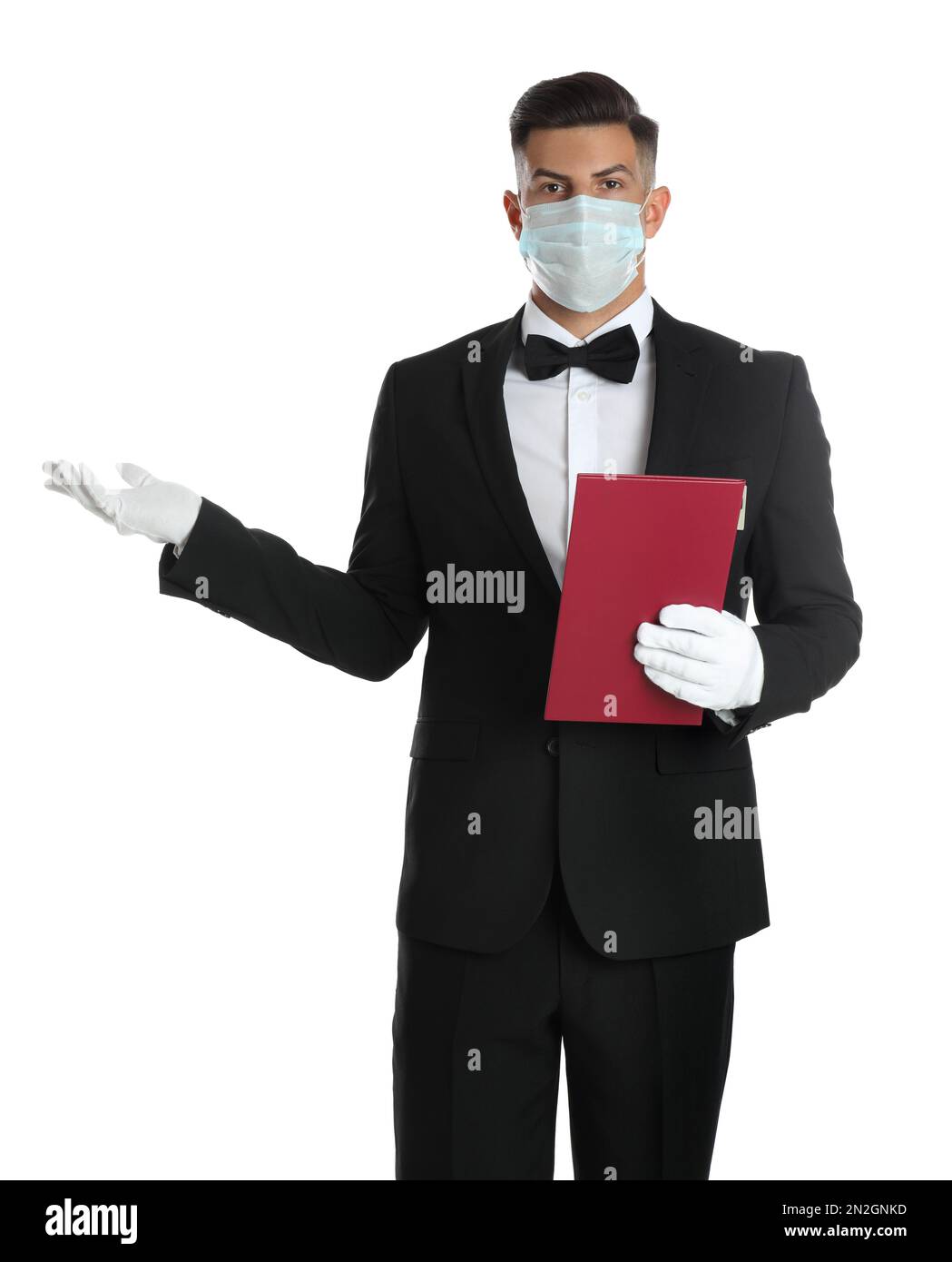 Waiter in medical face mask with menu on white background Stock Photo ...