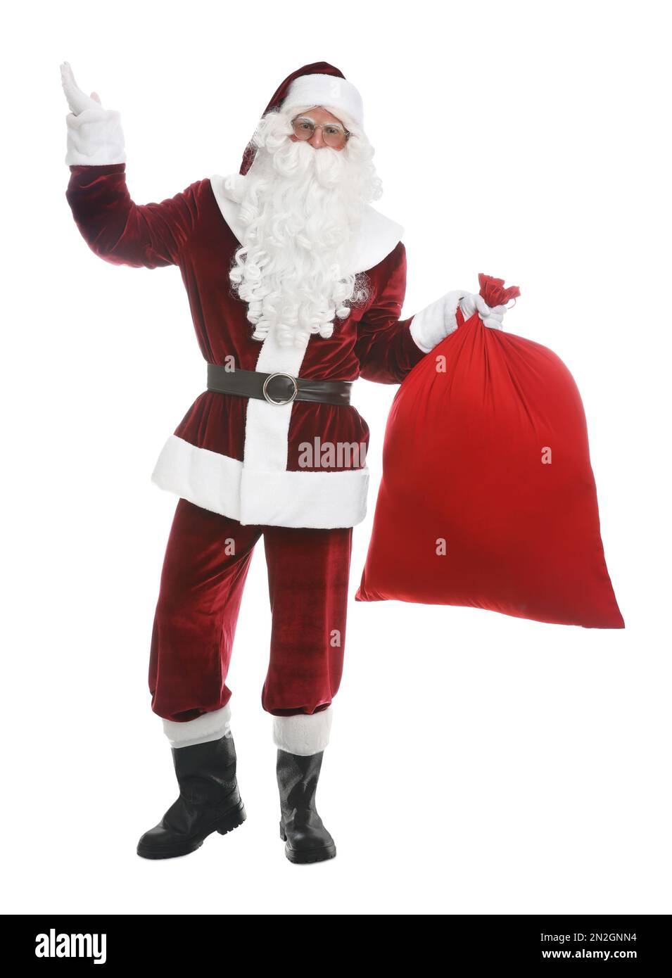 Santa Claus with sack on white background Stock Photo - Alamy
