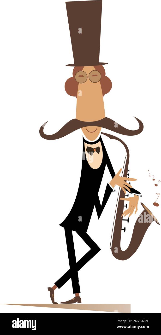 Cartoon long mustache saxophonist illustration isolated. Smiling ...