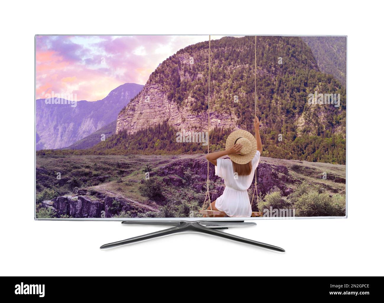 Modern wide screen TV monitor showing girl in mountains, isolated on ...
