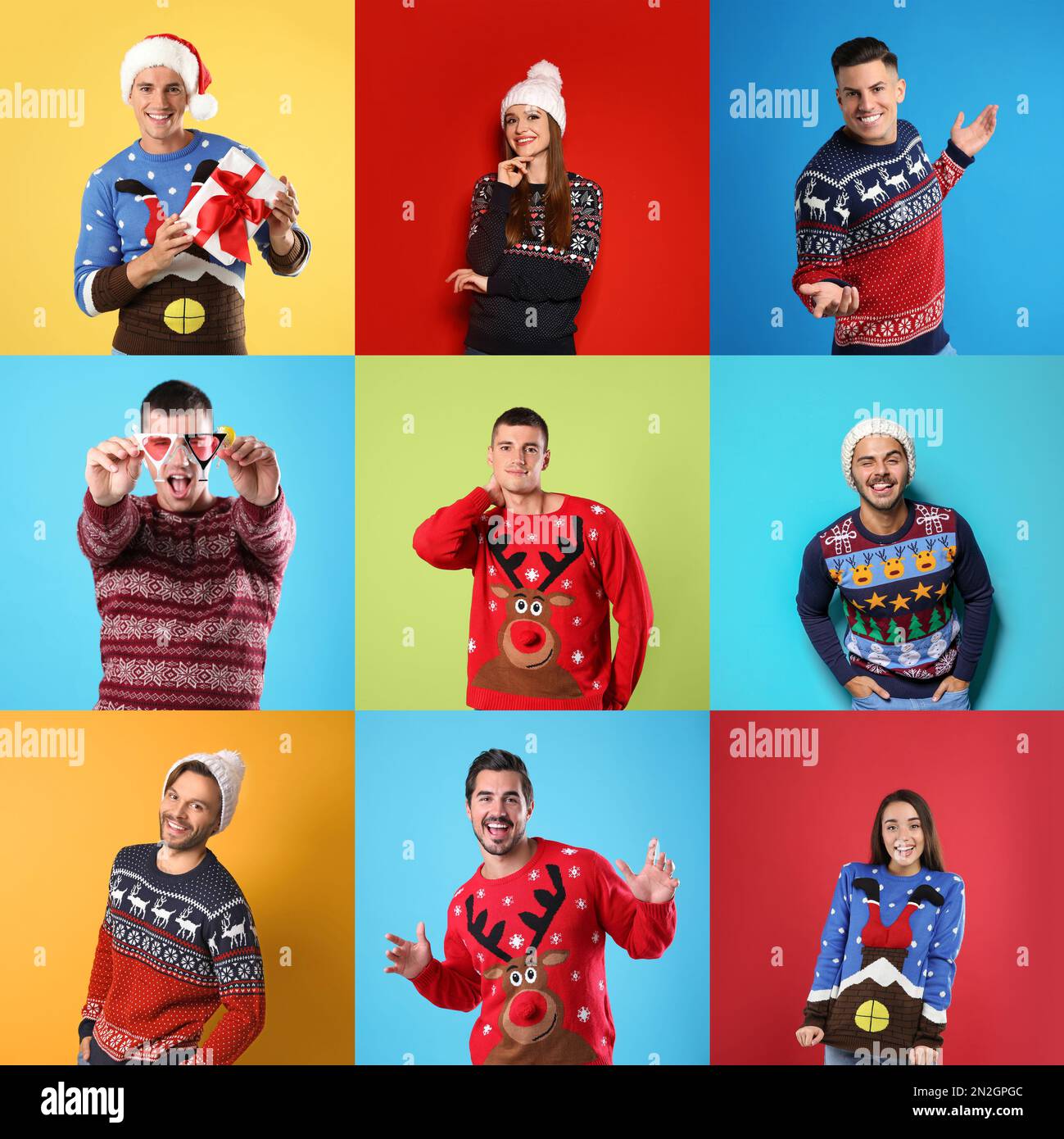 Collage with photos of men and women in different Christmas sweaters on ...