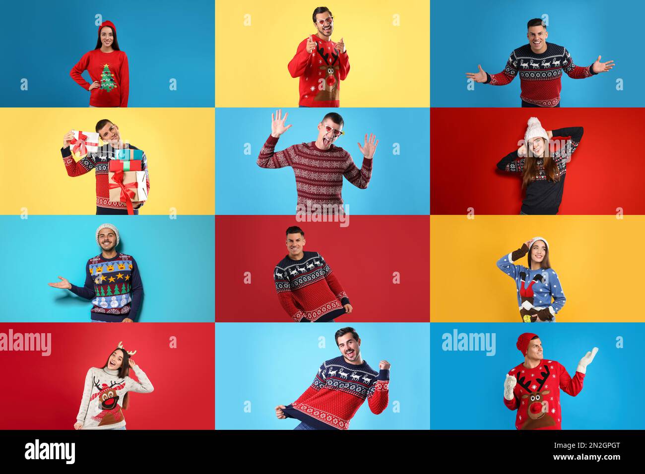 Collage with photos of women and men in different Christmas sweaters on ...