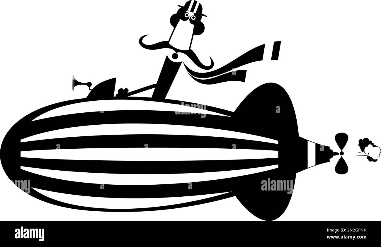 Funny mustache man on the airship illustration. Cartoon mustache man ...