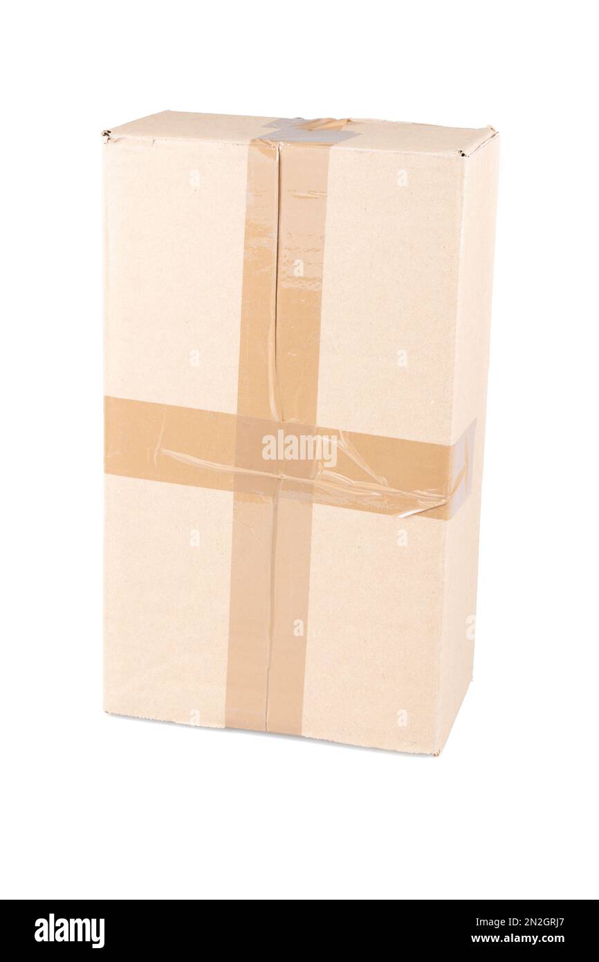 parcel package brown box closed in white background Stock Photo - Alamy