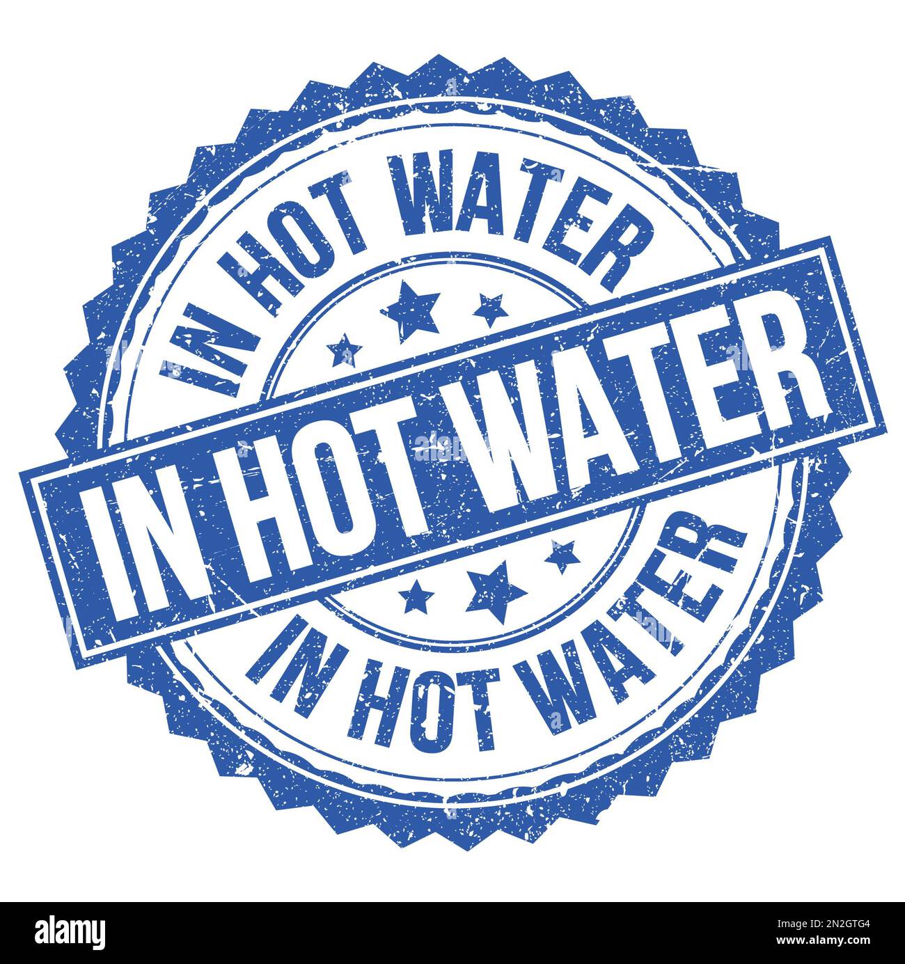 IN HOT WATER text written on blue round stamp sign Stock Photo - Alamy