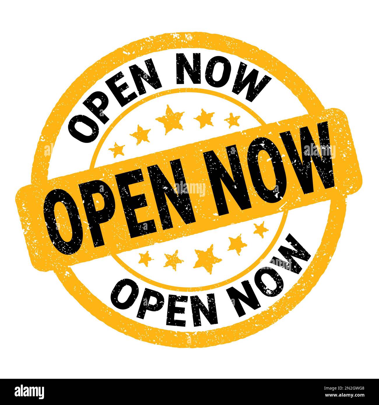 OPEN NOW text written on yellow-black grungy stamp sign Stock Photo - Alamy