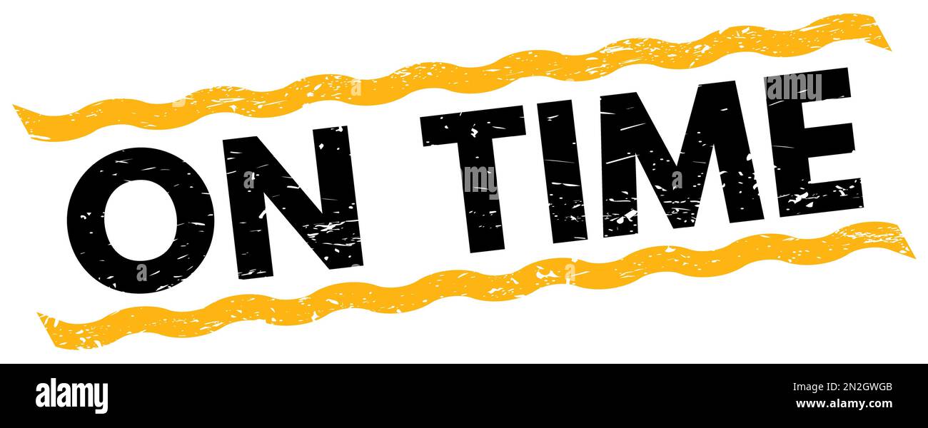 ON TIME text written on yellow-black lines stamp sign Stock Photo - Alamy