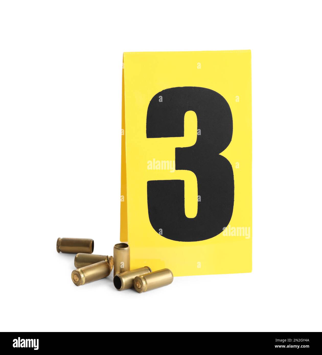 Shell casings and crime scene marker with number three isolated on ...