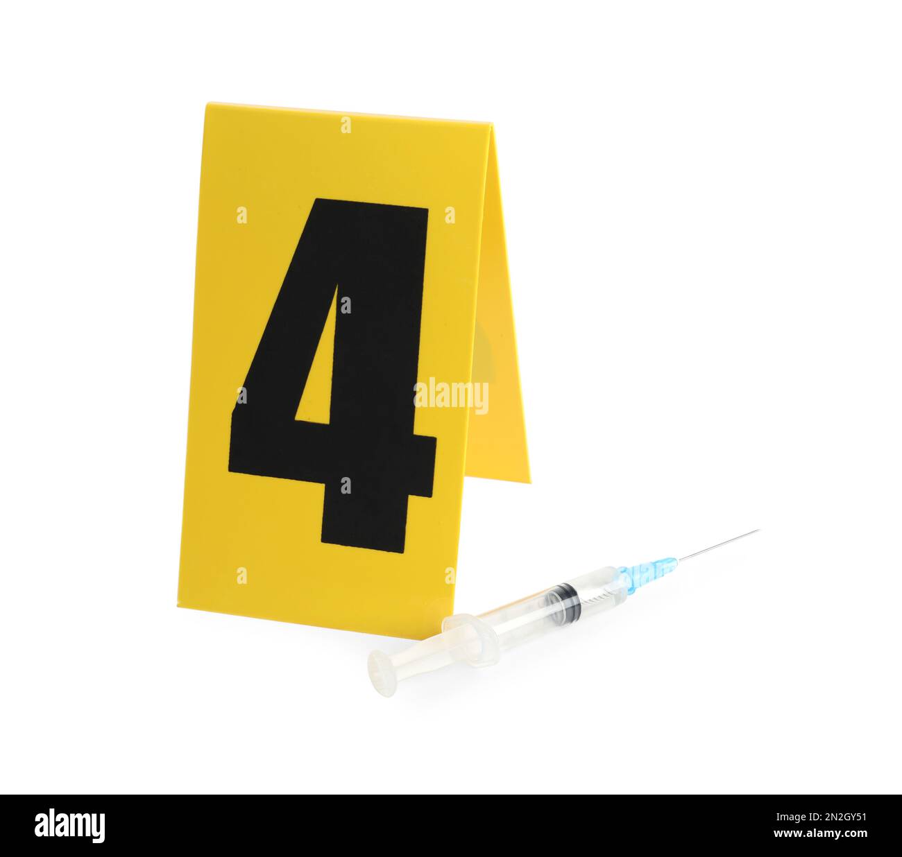 Syringe and crime scene marker with number four isolated on white Stock ...