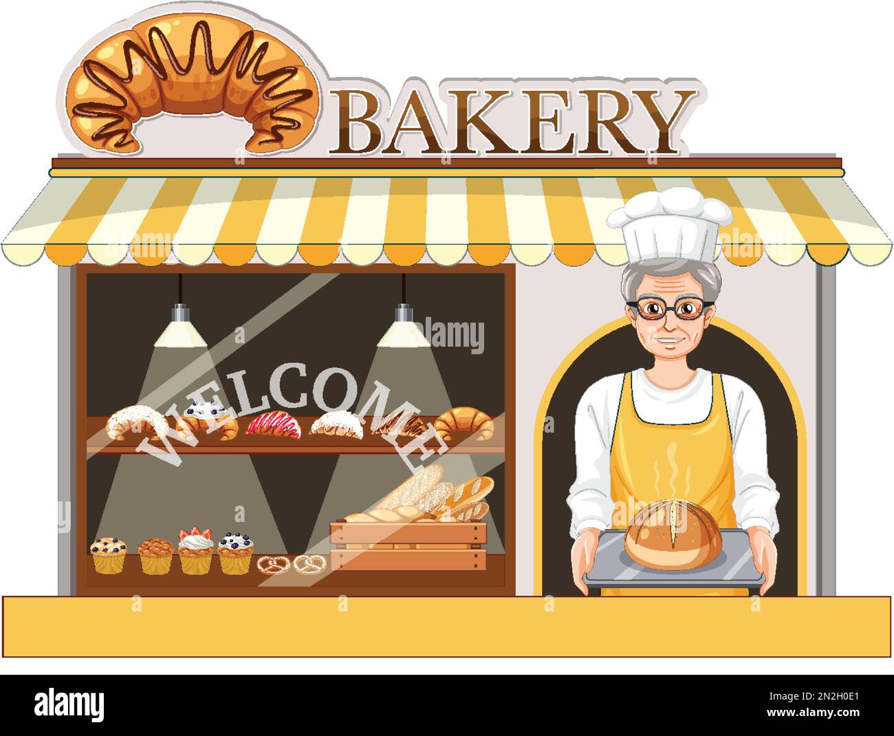 Bakery shop facade with baker man illustration Stock Vector Image & Art ...