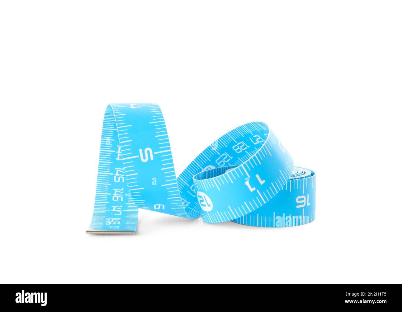 Light blue measuring tape isolated on white Stock Photo - Alamy
