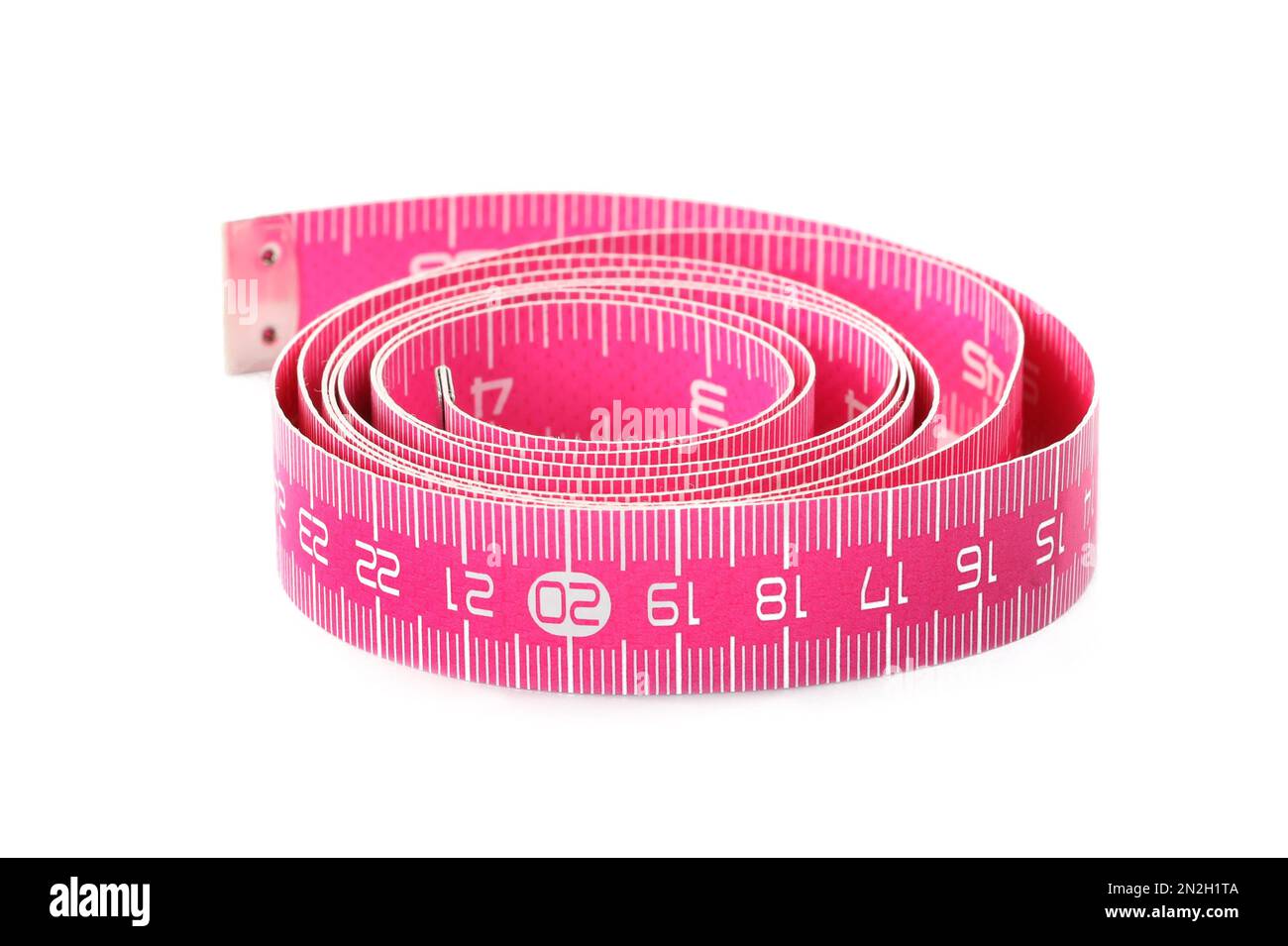 Long pink measuring tape isolated on white Stock Photo - Alamy