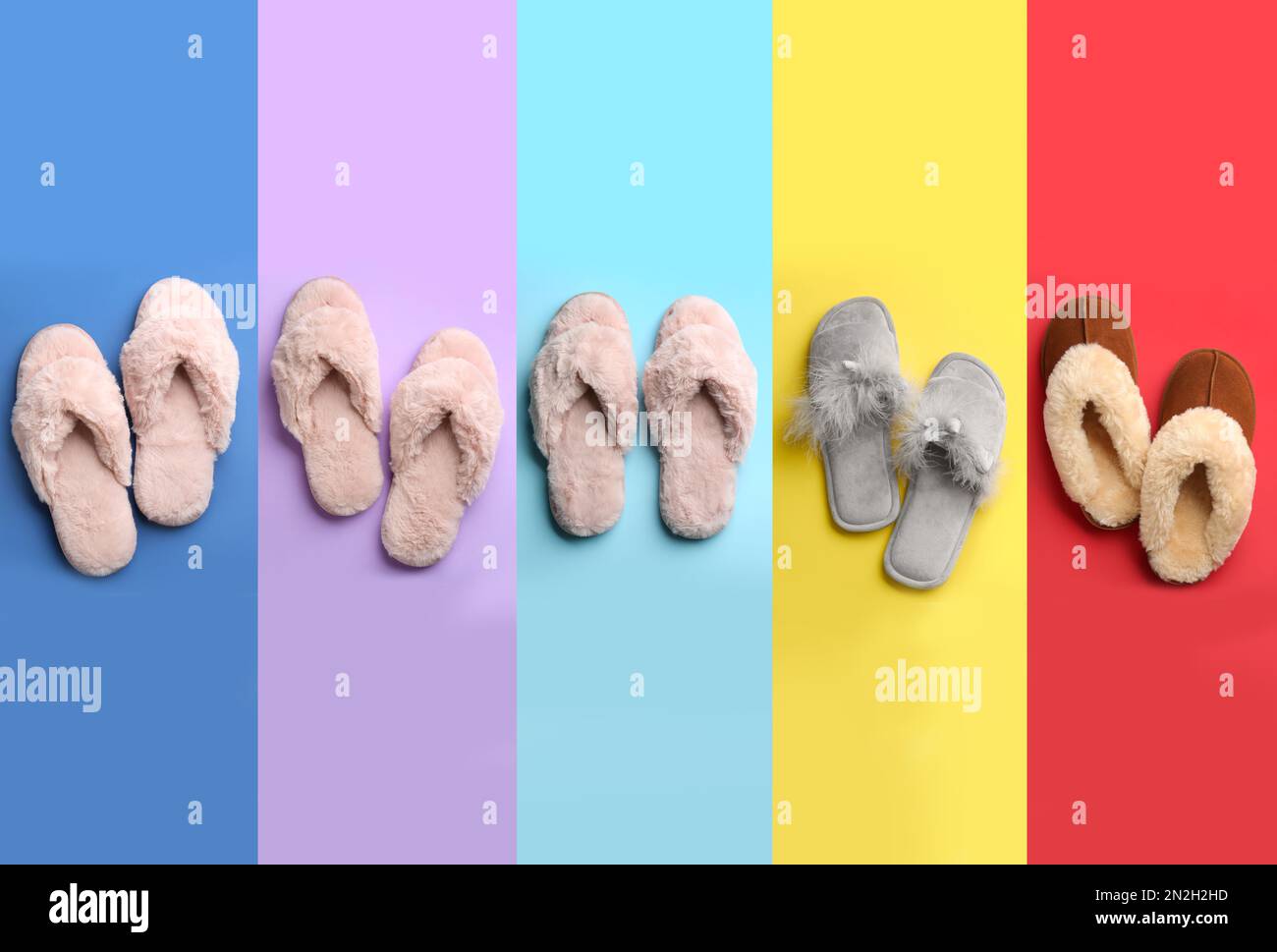 Collage with different soft slippers on color backgrounds, top view ...
