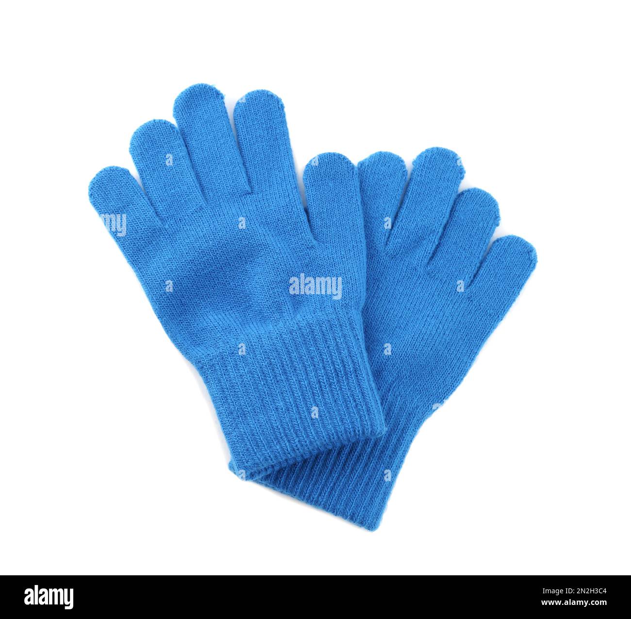 Blue woolen gloves on white background, top view. Winter clothes Stock ...