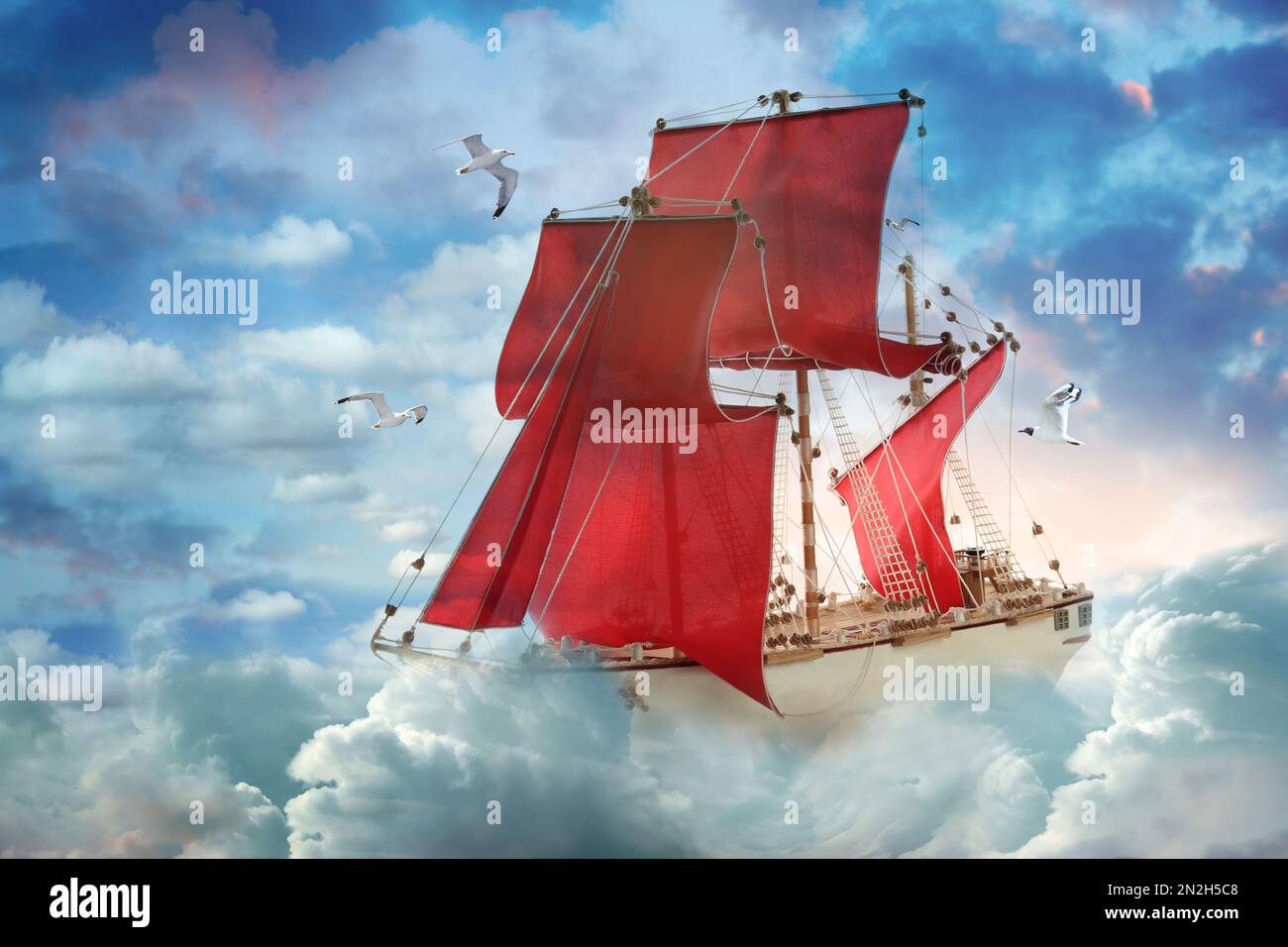 Dream world. Sailing ship floating among wonderful fluffy clouds Stock ...