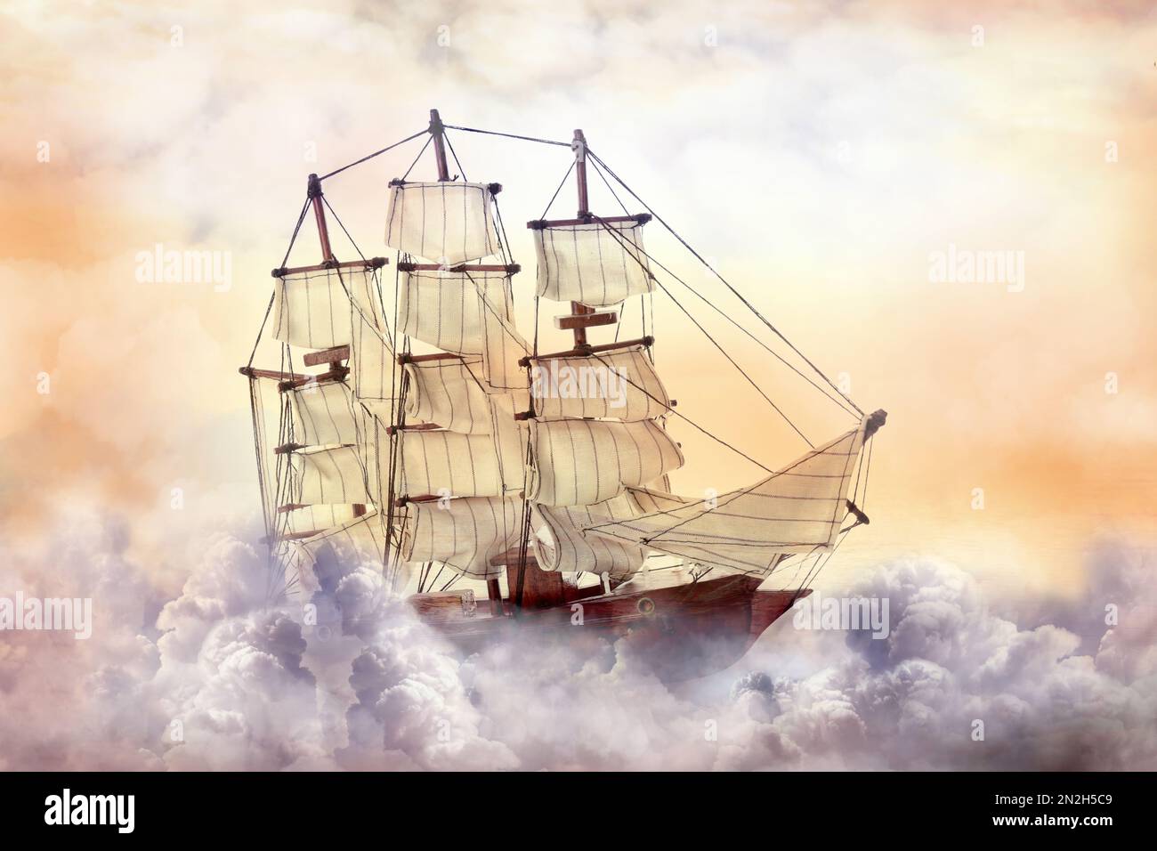 Dream world. Sailing ship floating among wonderful fluffy clouds Stock ...