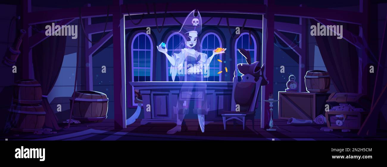Pirate ghost in cabine on ship at night. Abandoned room with spooky ...