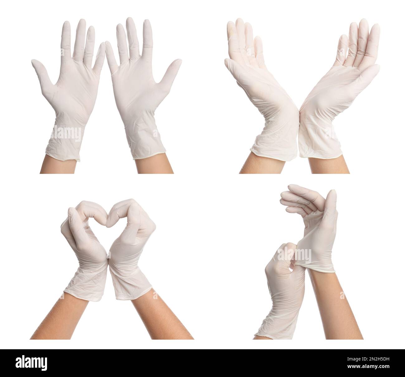 Collage with photos of woman wearing medical gloves on white background ...