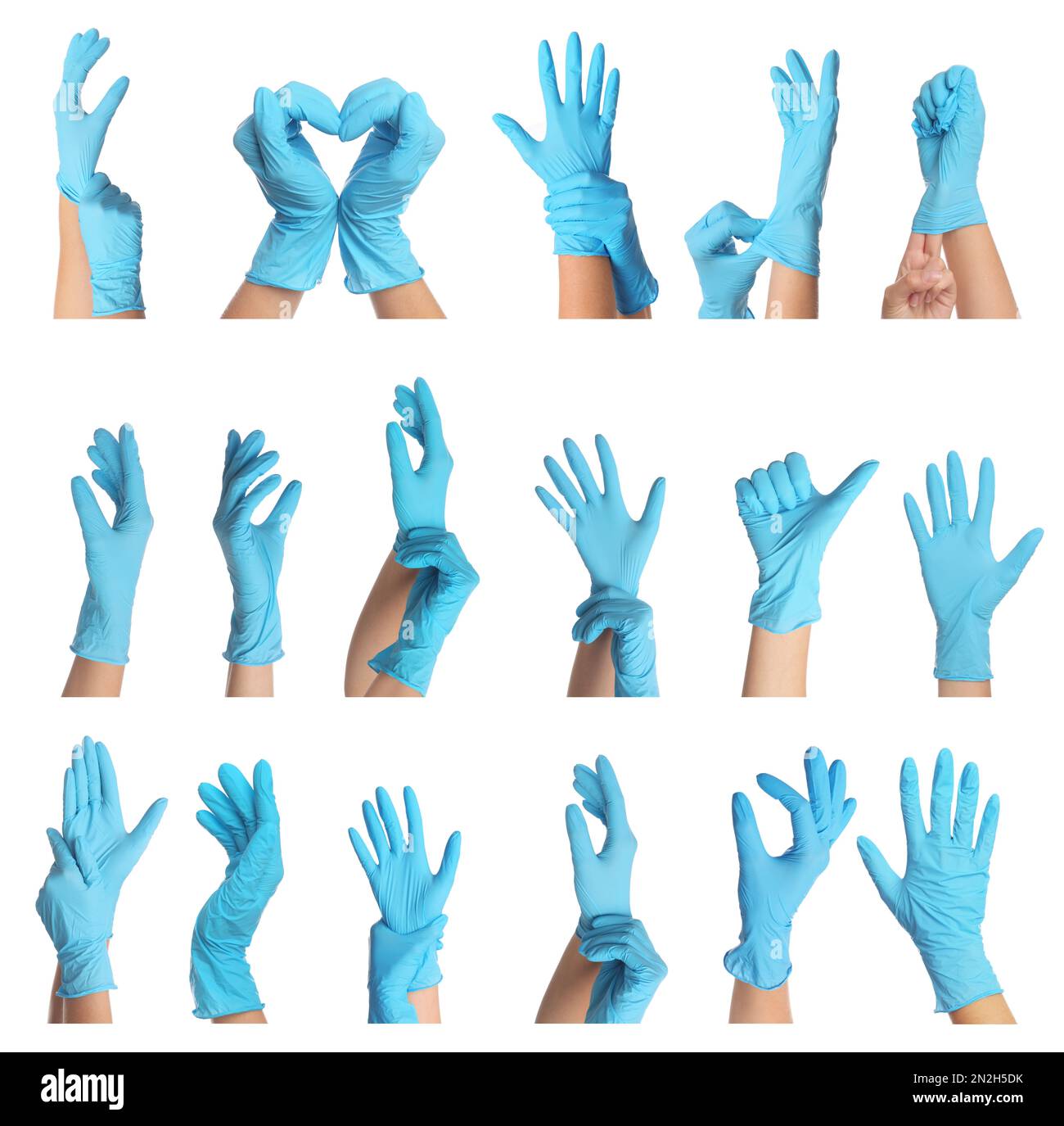 Collage with photos of woman wearing medical gloves on white background ...