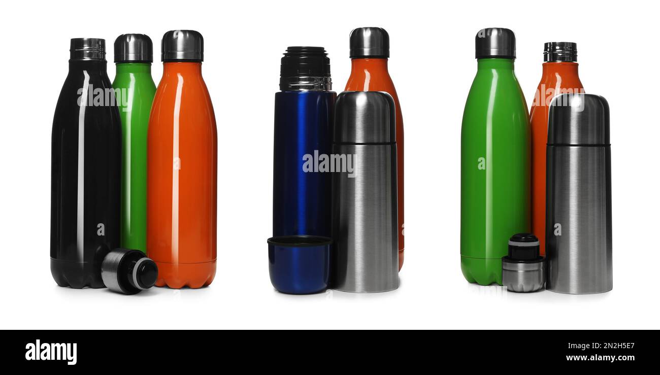 Set with modern thermoses isolated on white. Banner design Stock Photo ...