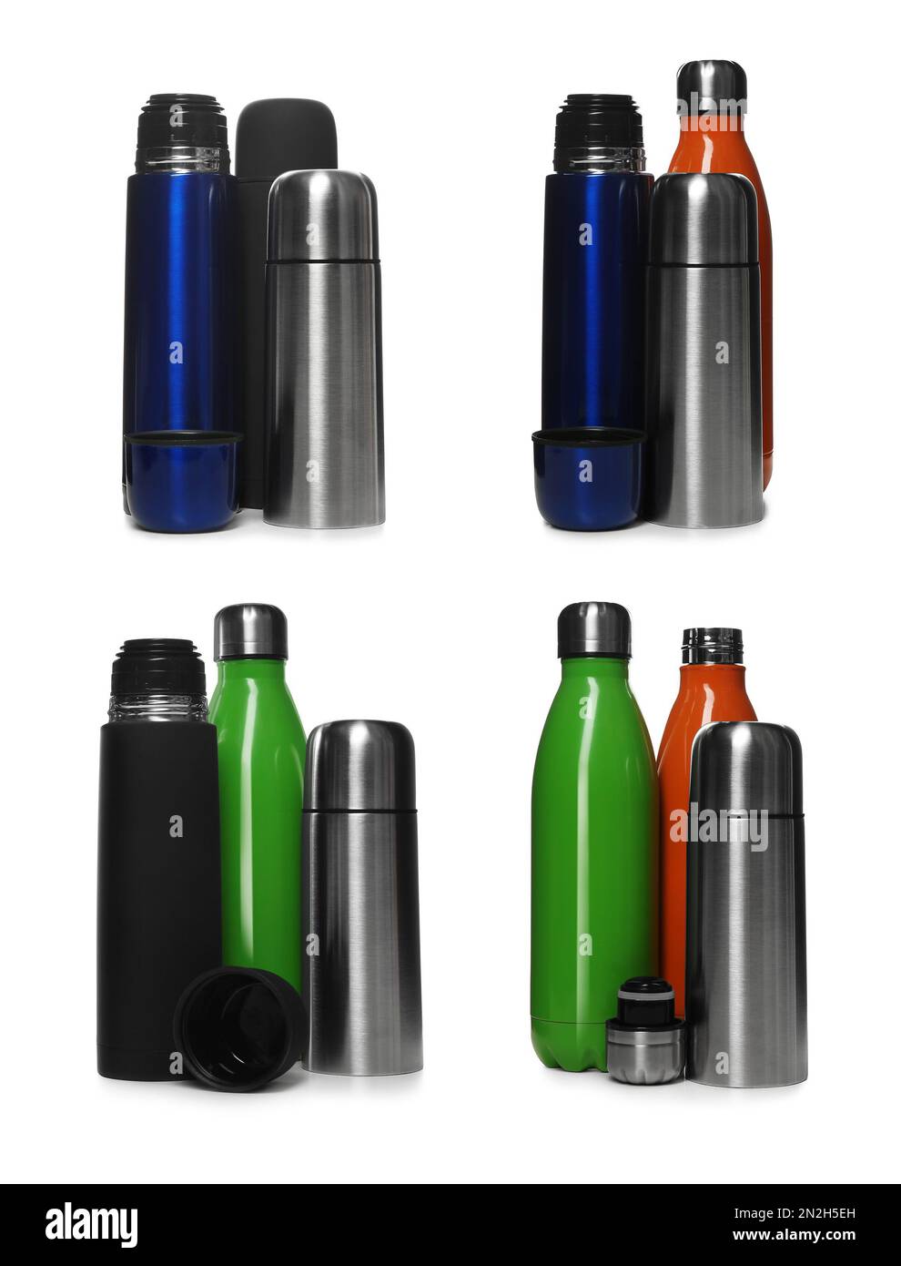 Set with modern thermoses isolated on white Stock Photo - Alamy
