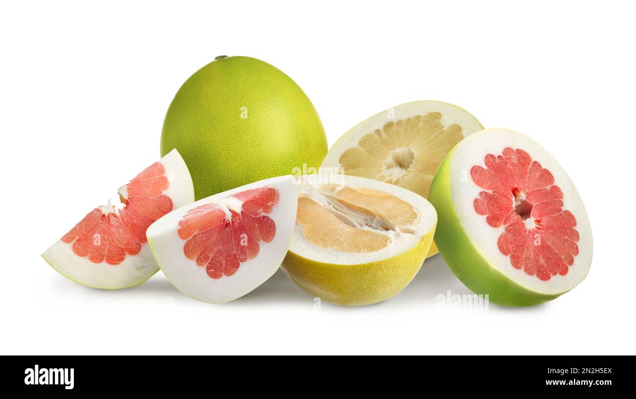 Cut and whole fresh pomelo fruits on white background Stock Photo - Alamy
