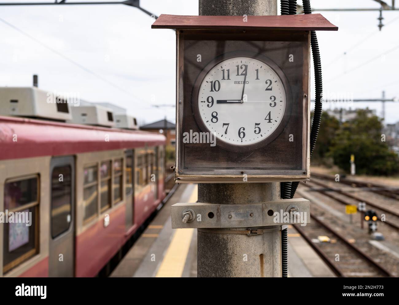 A clock on the Choshi Electric Railway platform at Choshi Station in ...