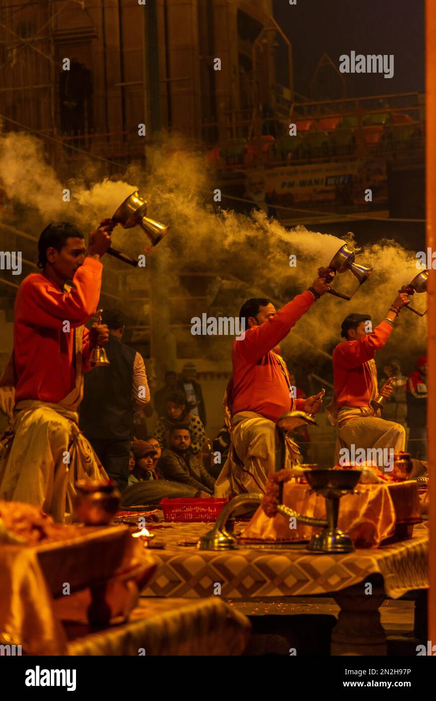 Ganga Aarti, Hindu priest conducts religious Ganga Aarti ritual (fire ...