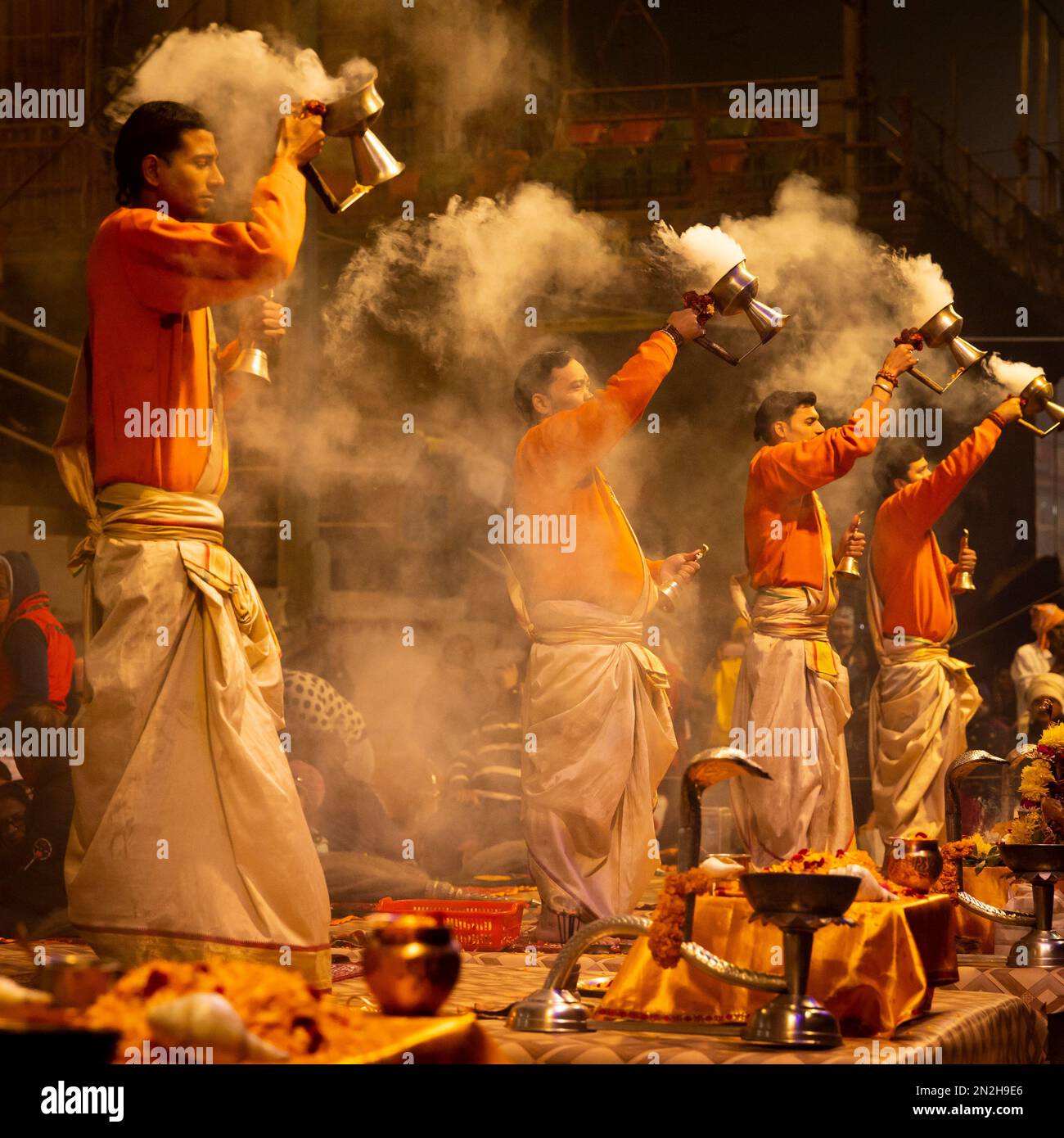 Ganga Aarti, Hindu priest conducts religious Ganga Aarti ritual (fire ...