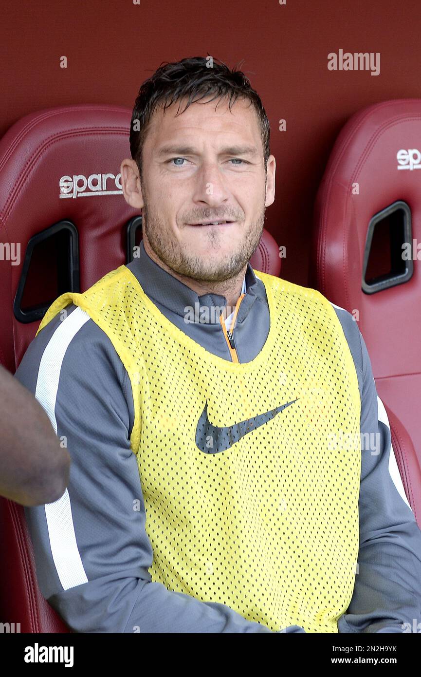 Roma's Francesco Totti sits on the bench during a Serie A soccer match ...