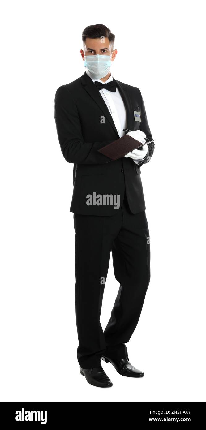 Waiter in medical face mask taking order on white background Stock ...