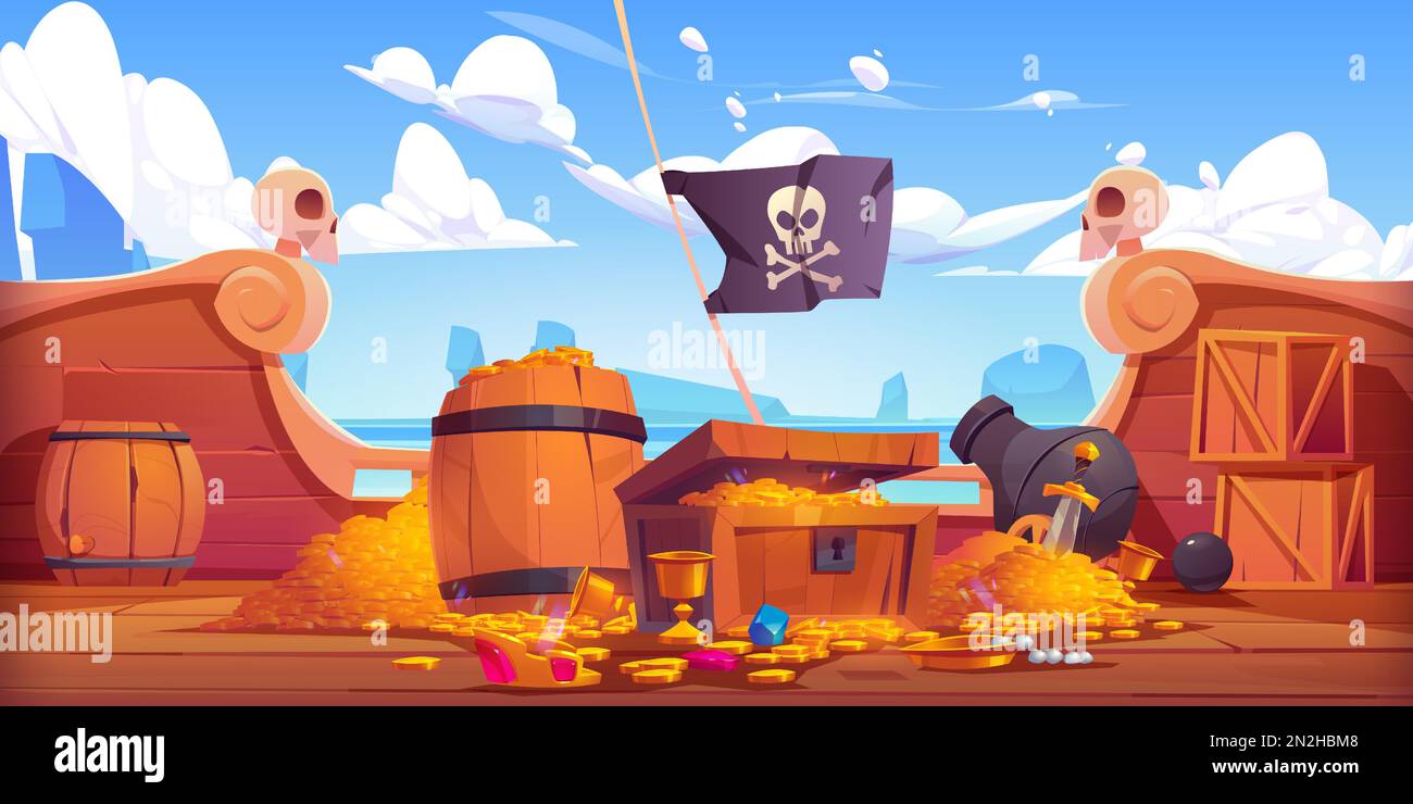 Pirate ship deck with treasure chest and gold coins. Wooden corsair ...