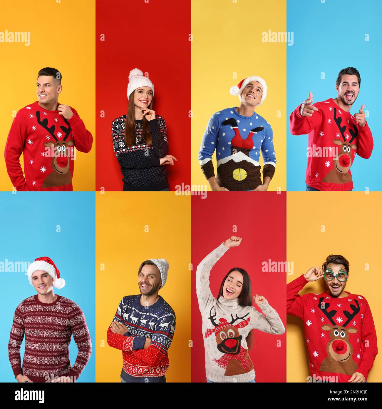 Collage with photos of men and women in different Christmas sweaters on ...